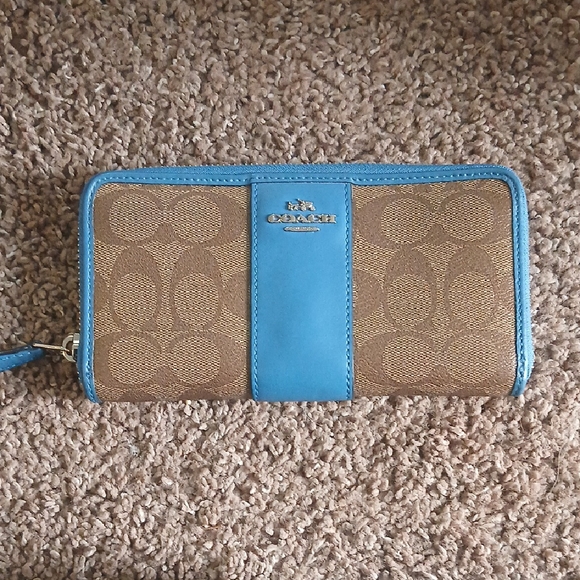 Coach | Bags | Coach Signature Brown And Blue Zip Wallet | Poshmark